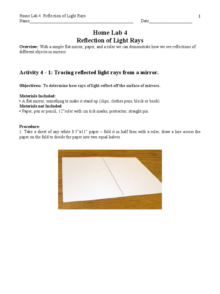 Home Lab 4 Reflection of Light Rays: Activity 4 - 1: Tracing Reflected ...