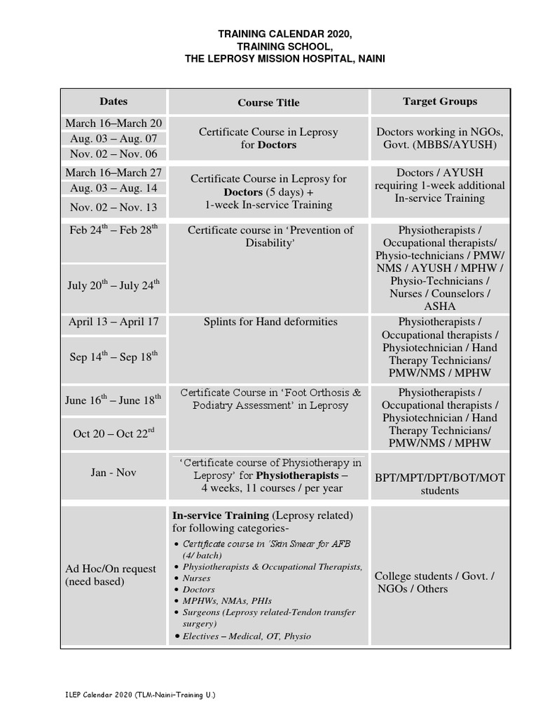 Ilep Calendar 2020 TLM Naini Training U | PDF | Physical Therapy ...