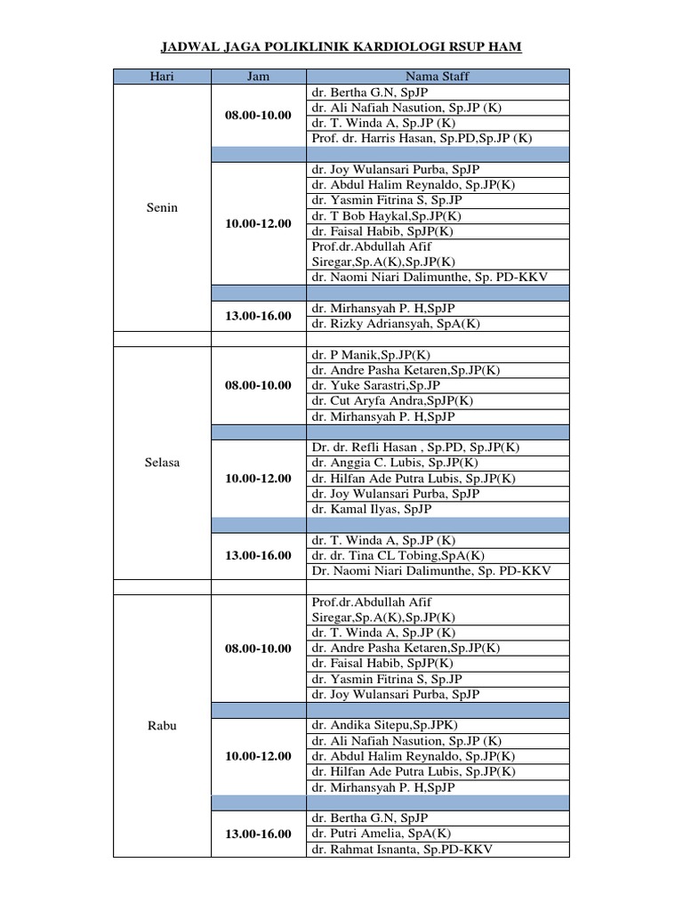 Jadwal Jaga Poliklinik & Jadwal Visit Sabtu Kardiologi Rsup Ham | PDF Jadwal Jaga Poliklinik & Jadwal Visit Sabtu Kardiologi Rsup Ham | PDF