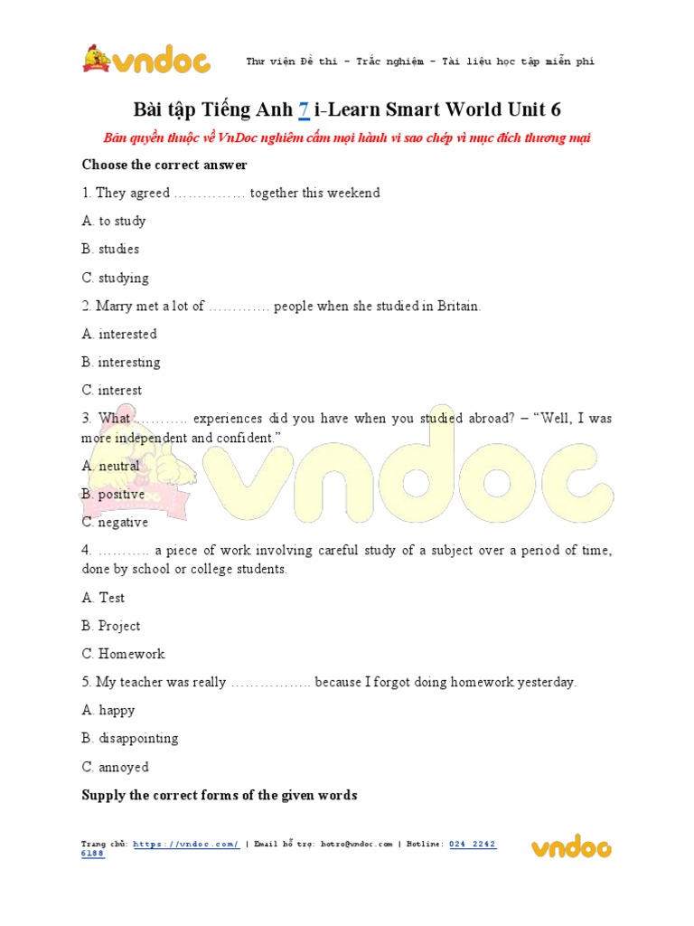 Bai Tap Tieng Anh 7 I Learn Smart World Unit 6 | PDF