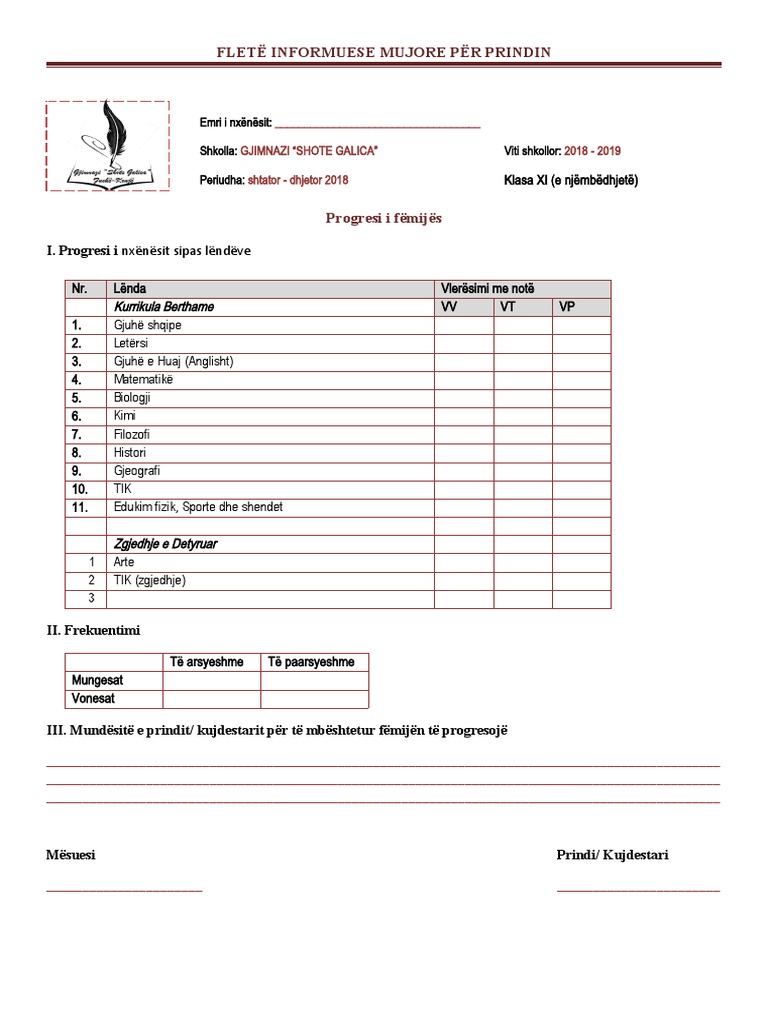 FLET+ï INFORMUESE MUJORE P+ïR PRINDIN - Klasa 11 | PDF