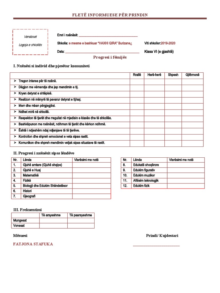 FLET+ï INFORMUESE MUJORE P+ïR PRINDIN - Klasa 6 | PDF