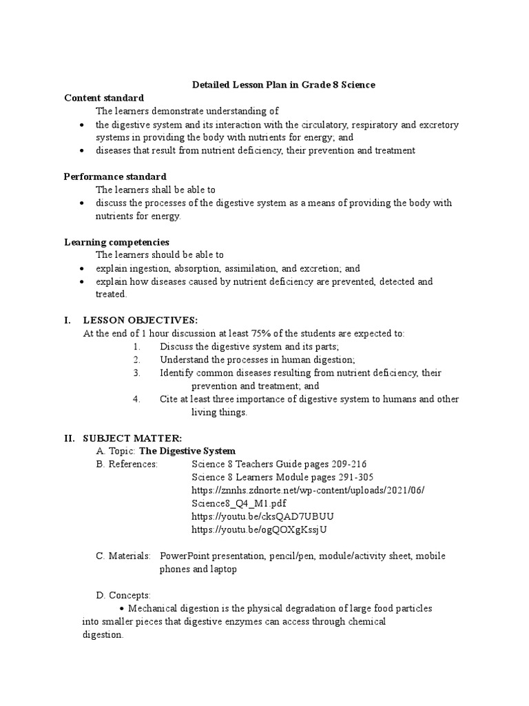 Lesson Plan Digestive System | PDF | Digestion | Human Digestive System