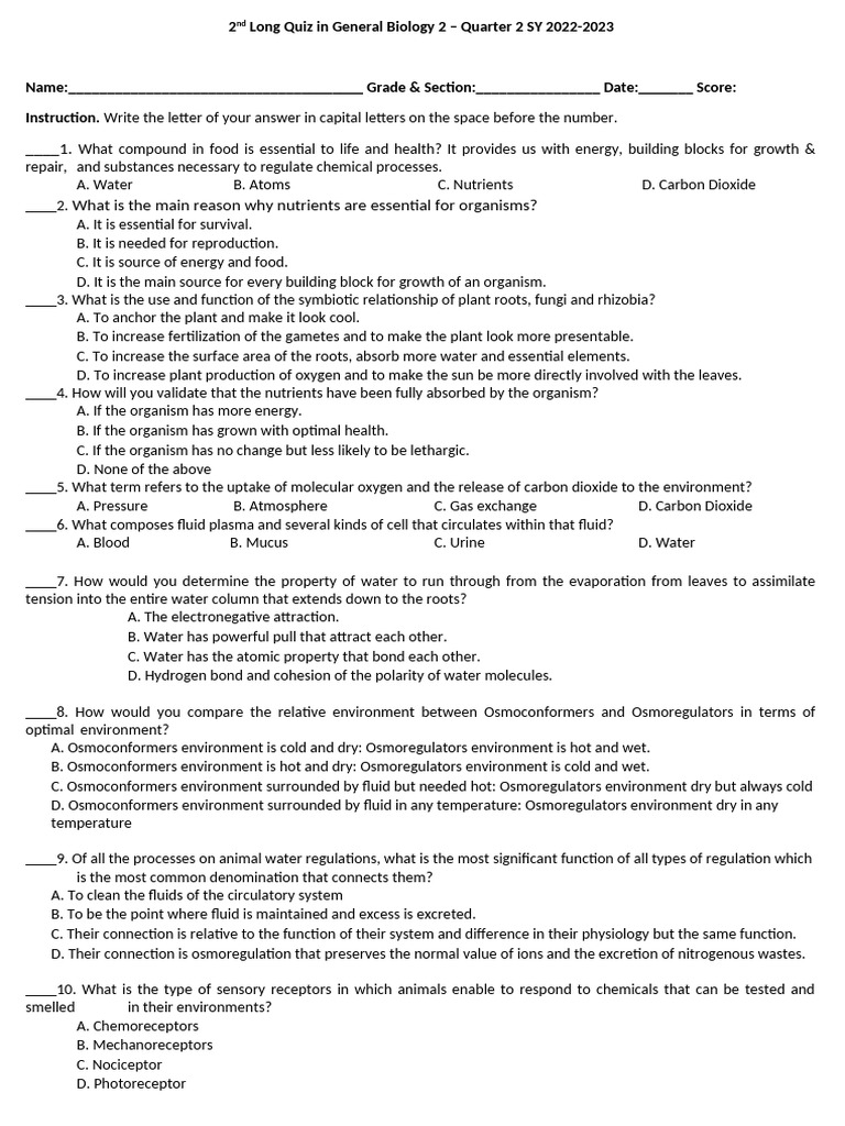 General Biology 2 Quiz: Quarter 2 | PDF | Immune System | Thermoregulation