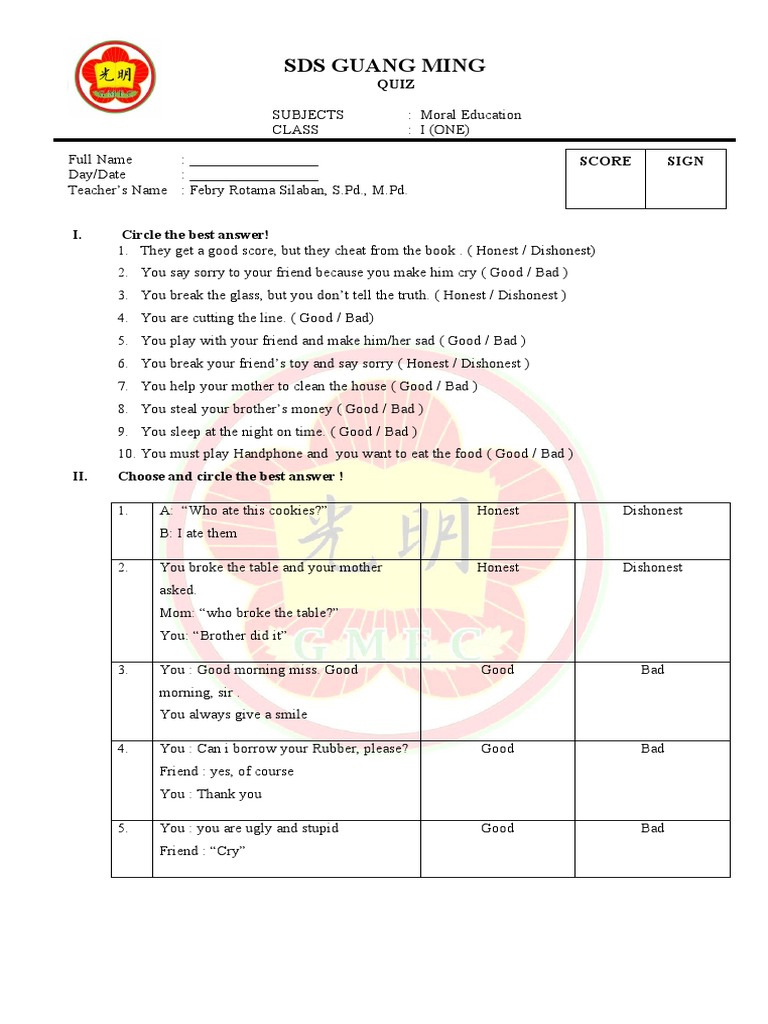 Quiz Mid Moral Education Semester 1 Primary 1 | PDF