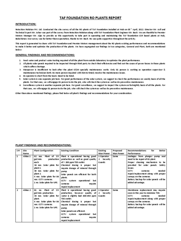 TAF Foundation RO Plants Performance Report | PDF