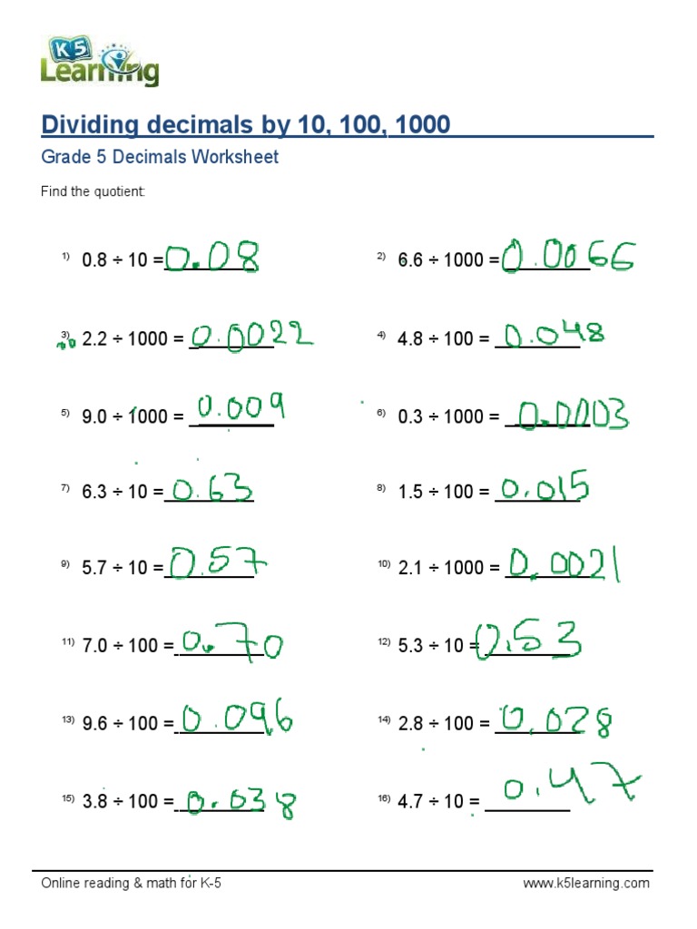 " Math - Worksheet Dividing Decimals by 10,100& - 1000 " 2 | PDF