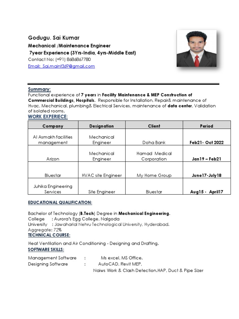 Sai Kumar - CV | PDF | Mechanical Engineering | Engineering
