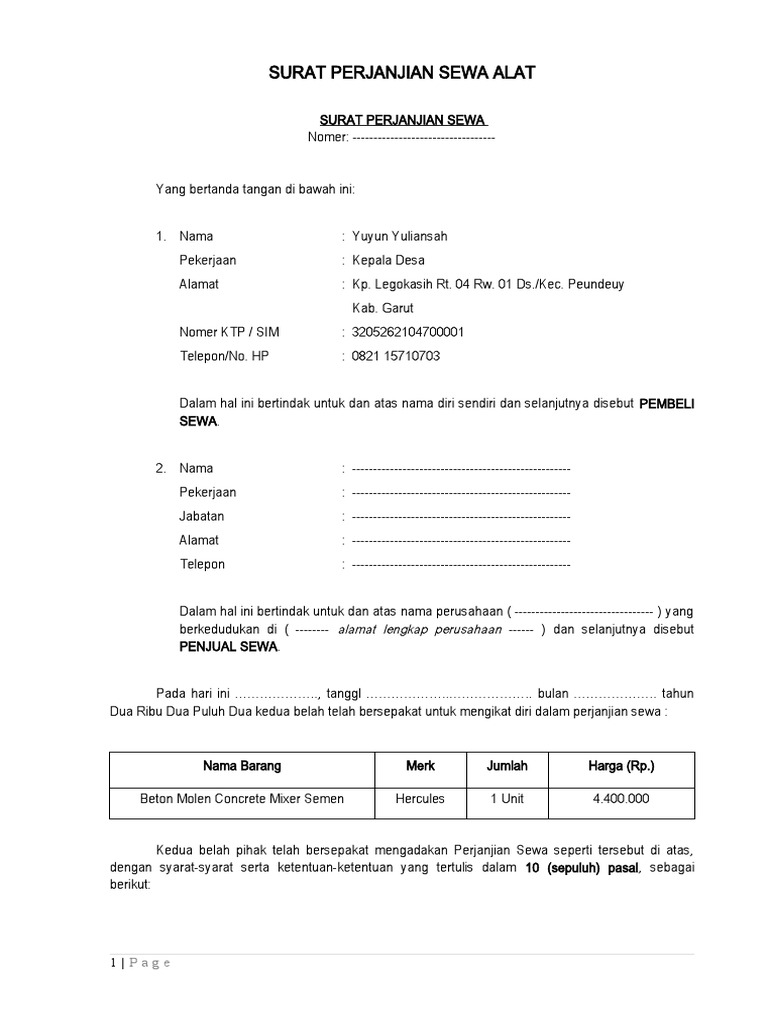 Surat Perjanjian Sewa Alat | PDF