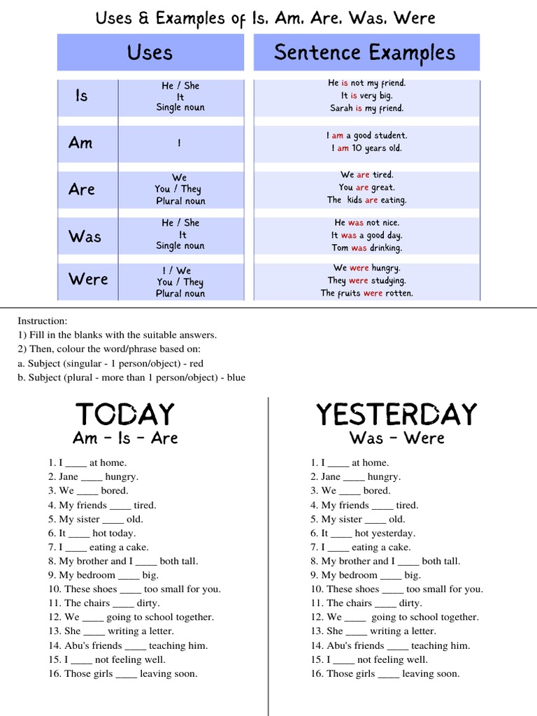 Using Is, Am, Are, Was, Were in Sentences | PDF | Plural | Noun