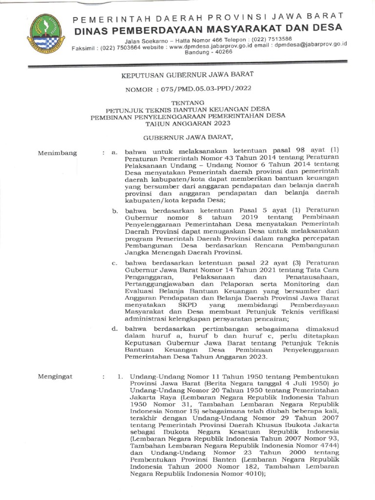 2022-12-23 PPD SK GUB TTG JUKNIS BANKEUDES 2023 Kep.075 - PMD.05.03 - PPD | PDF