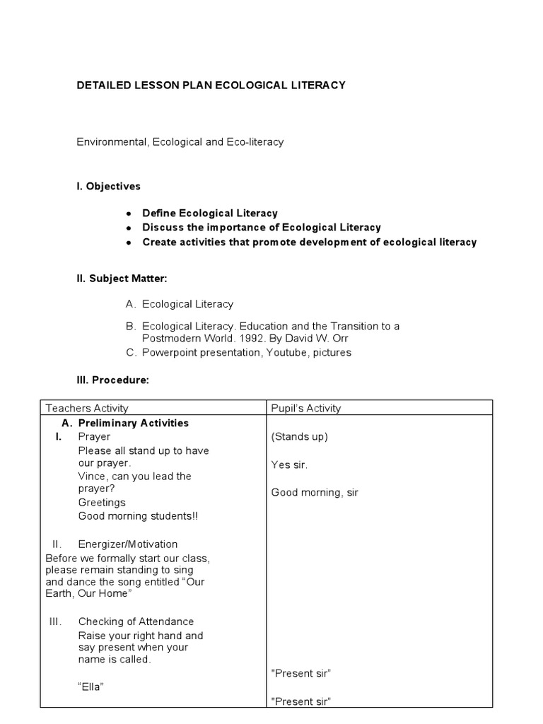 Ecological Literacy Lesson Plan | PDF | System | Sustainability