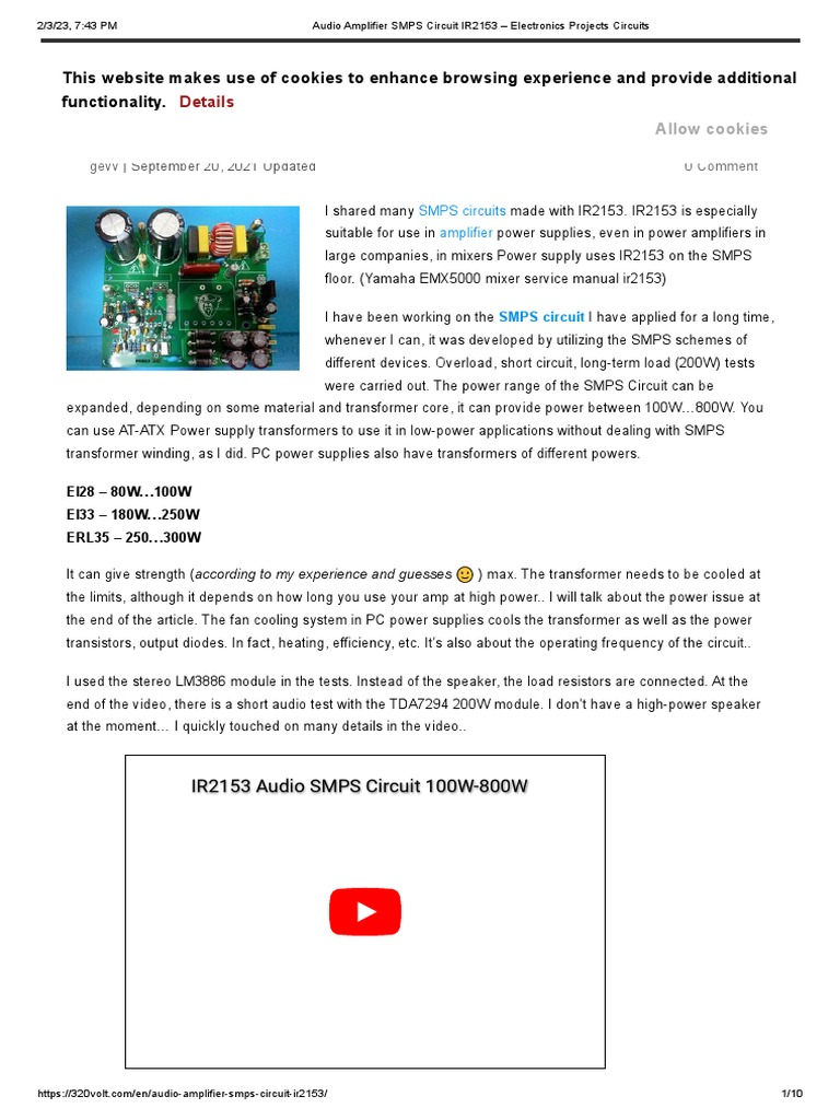 Audio Amplifier SMPS Circuit IR2153 - Electronics Projects Circuits ...