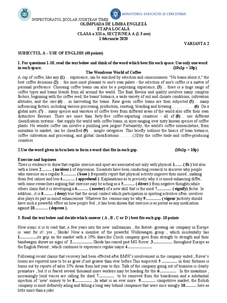 12 A-Varianta 3+ Barem | PDF | Experience | Vocabulary