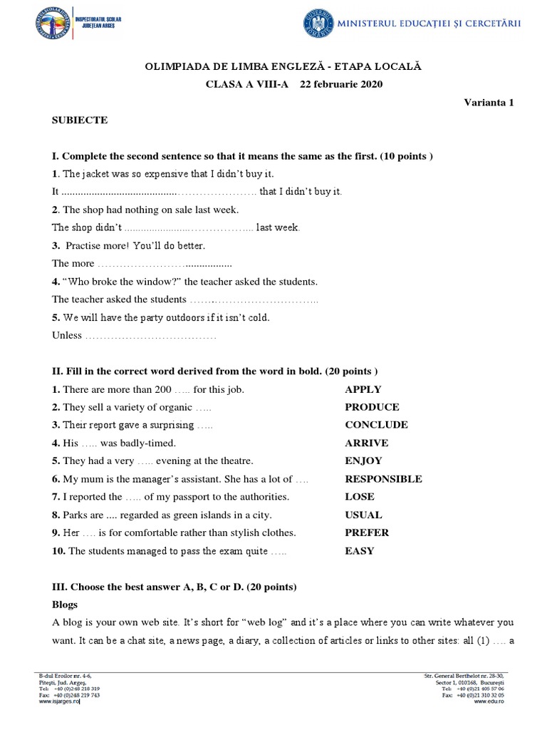 8 Subiect Barem | PDF | Vocabulary | Blog