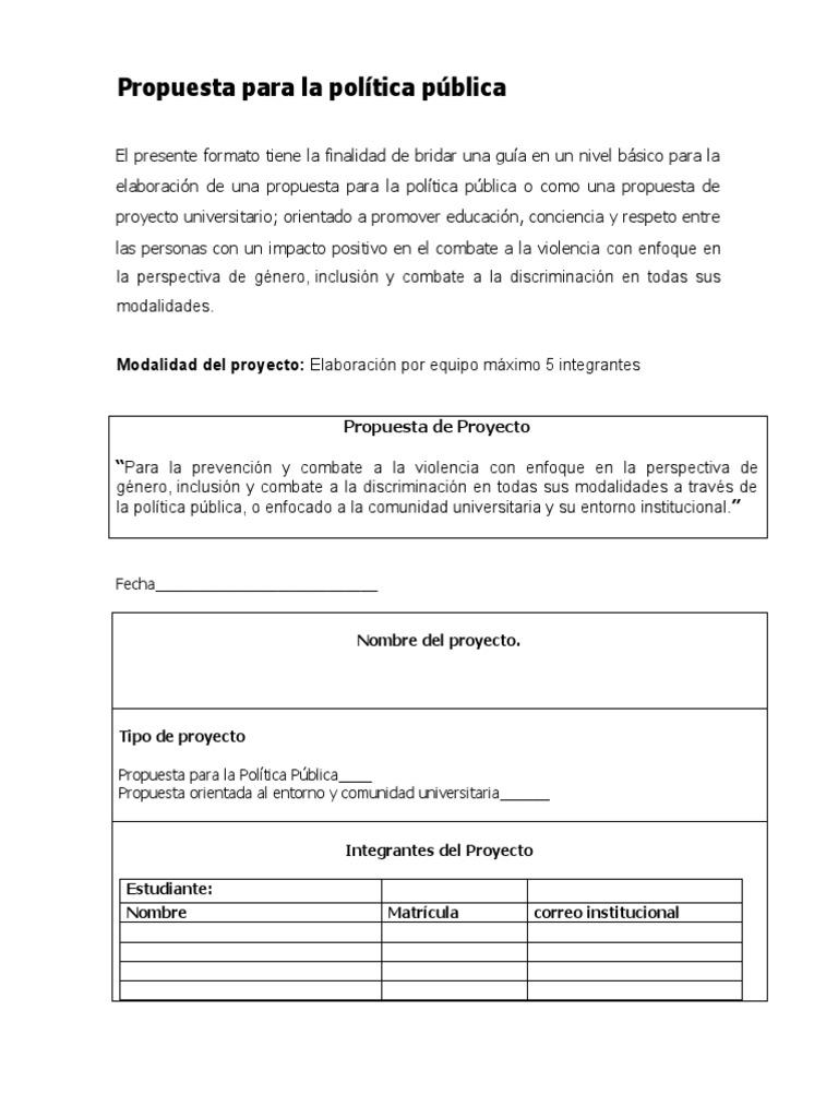 Plantilla para Propuesta de Proyecto de Politica Publica o Proyecto Universitario | PDF