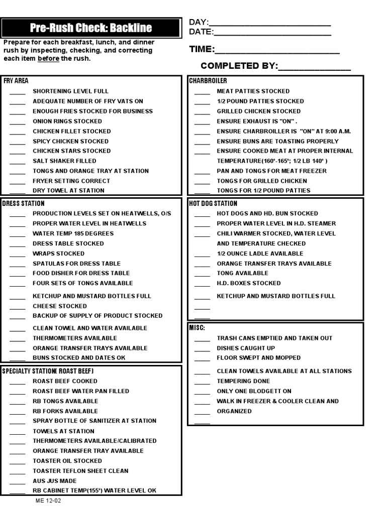 Kitchen Food Safety Pre-Rush Checklist | PDF | Grilling | Hot Dog