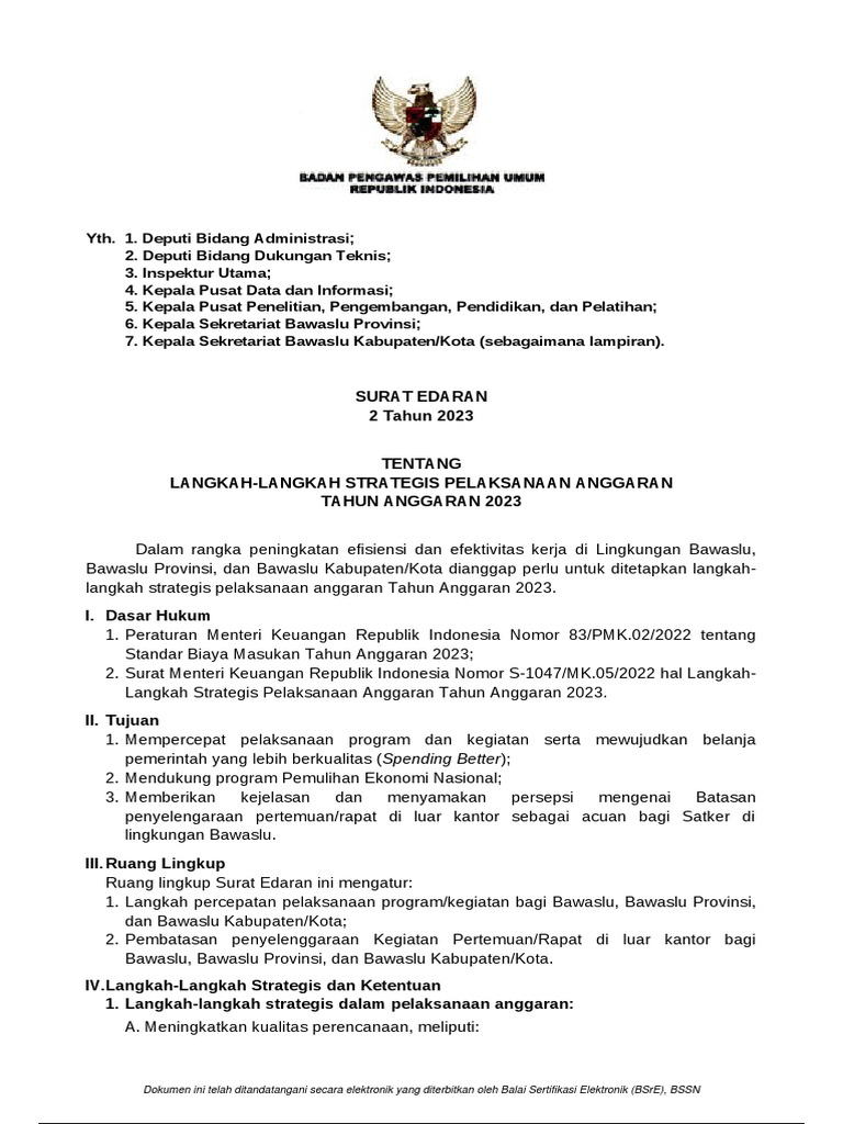 Surat Edaran Langkah-Langkah Strategis Pelaksanaan Anggaran Tahun 2023 | PDF