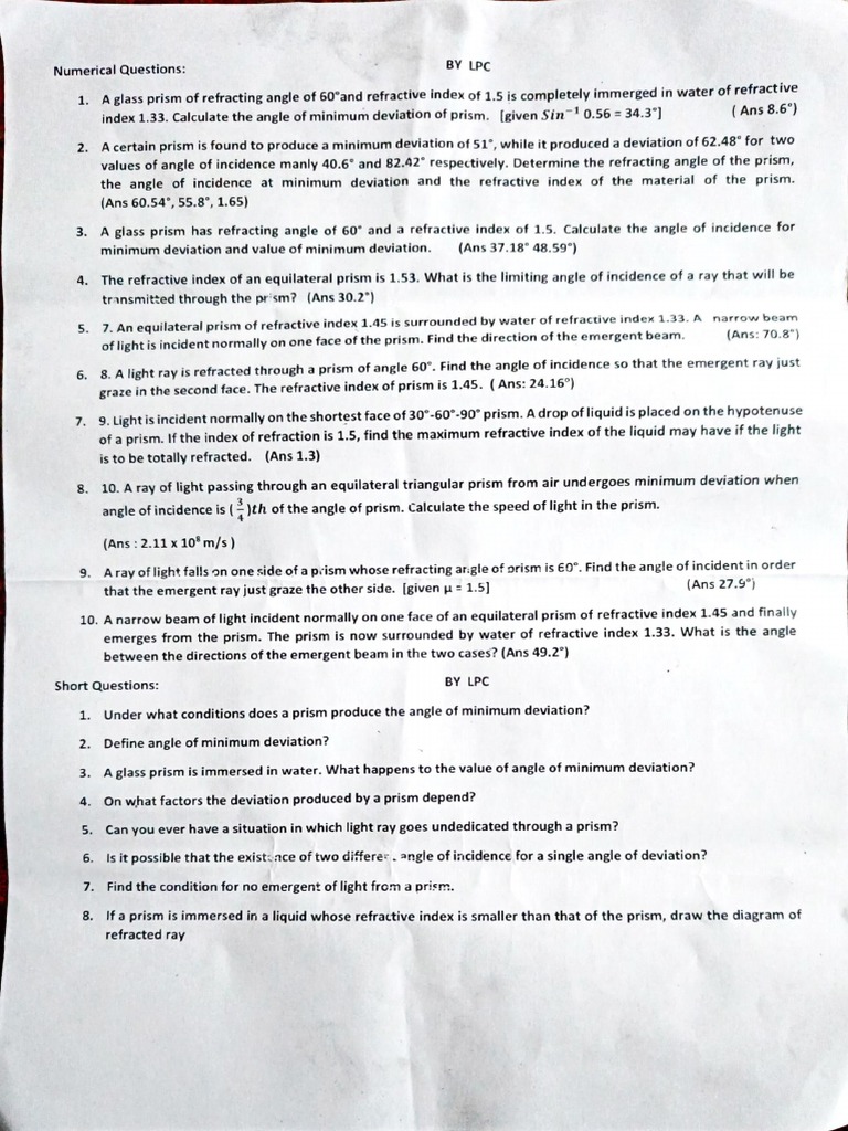 Optics Questions | PDF | Refraction | Refractive Index