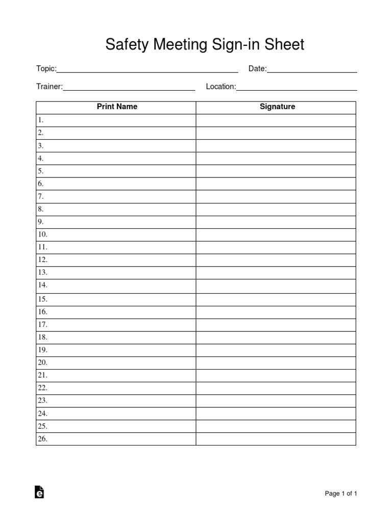 Safety Meeting Sign in Sheet 2 | PDF