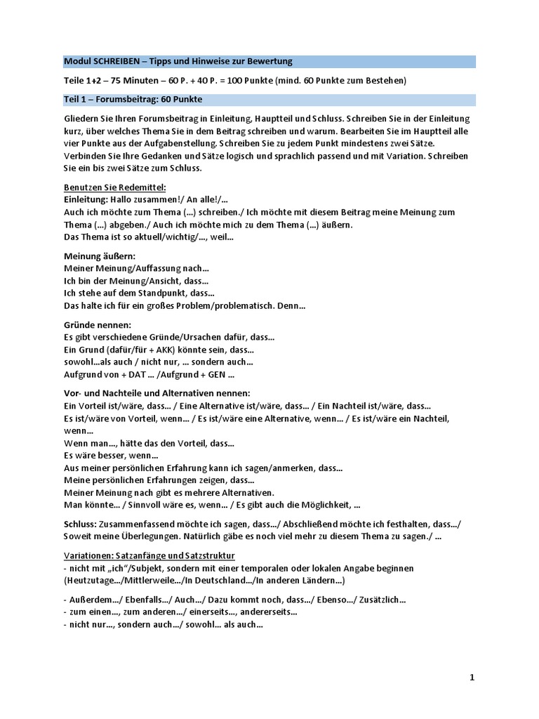 4 Redemittel Und Hinweise - Modul SCHREIBEN (Goethe B2) | PDF