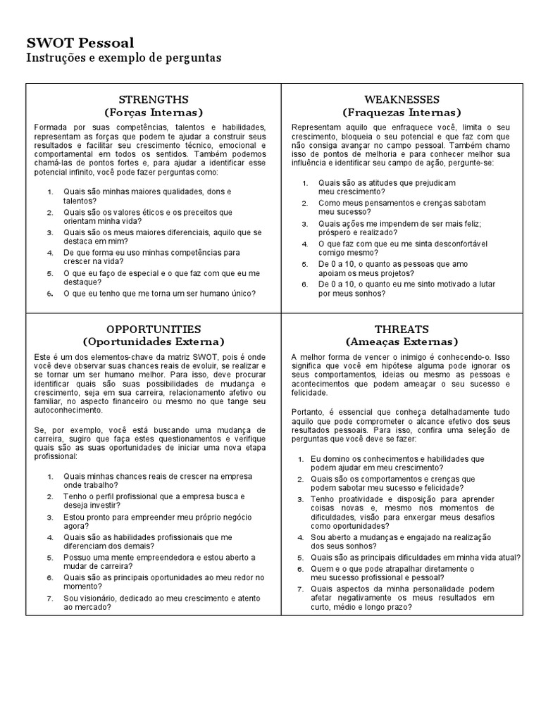 SWOT Pessoal | PDF | Análise SWOT | Psicologia