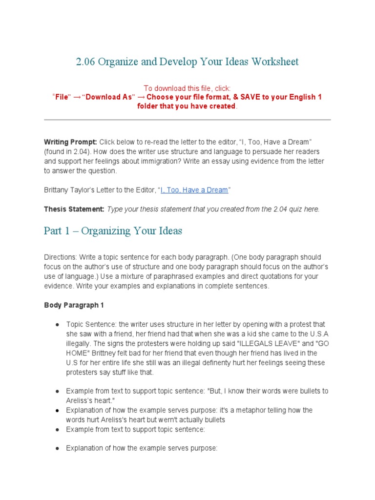 2.06 Organize and Develop Your Ideas Worksheet | PDF | Paragraph | Writing