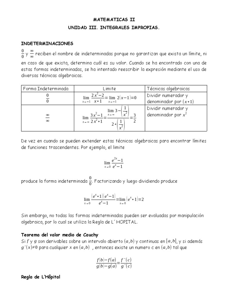 Guia Unidad III Integrales Impropias | PDF | Integral | Límite (Matemáticas)