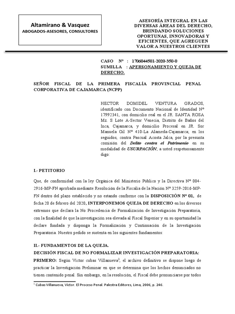 1.-RECURSO DE QUEJA A FISCAL-VENECIA | PDF | Fiscal | Derecho penal