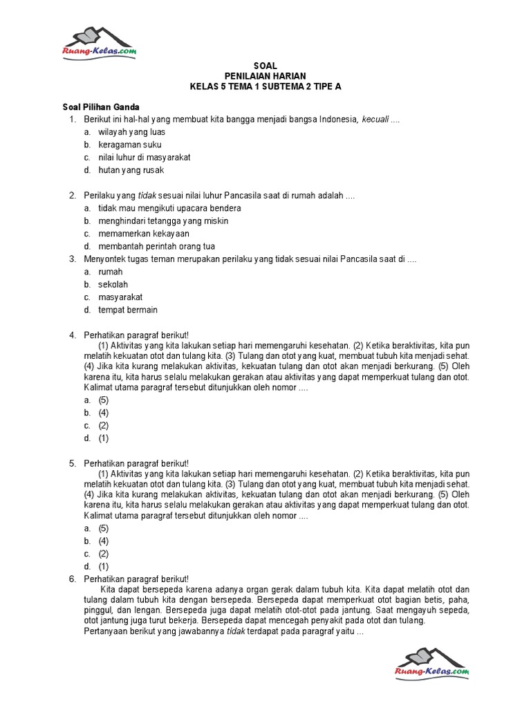 Soal, Jawaban & Kisi-Kisi PH Kelas 5 SD Tema 1 Sub Tema 2 Tipe A & B Tahun 2021-2022 | PDF