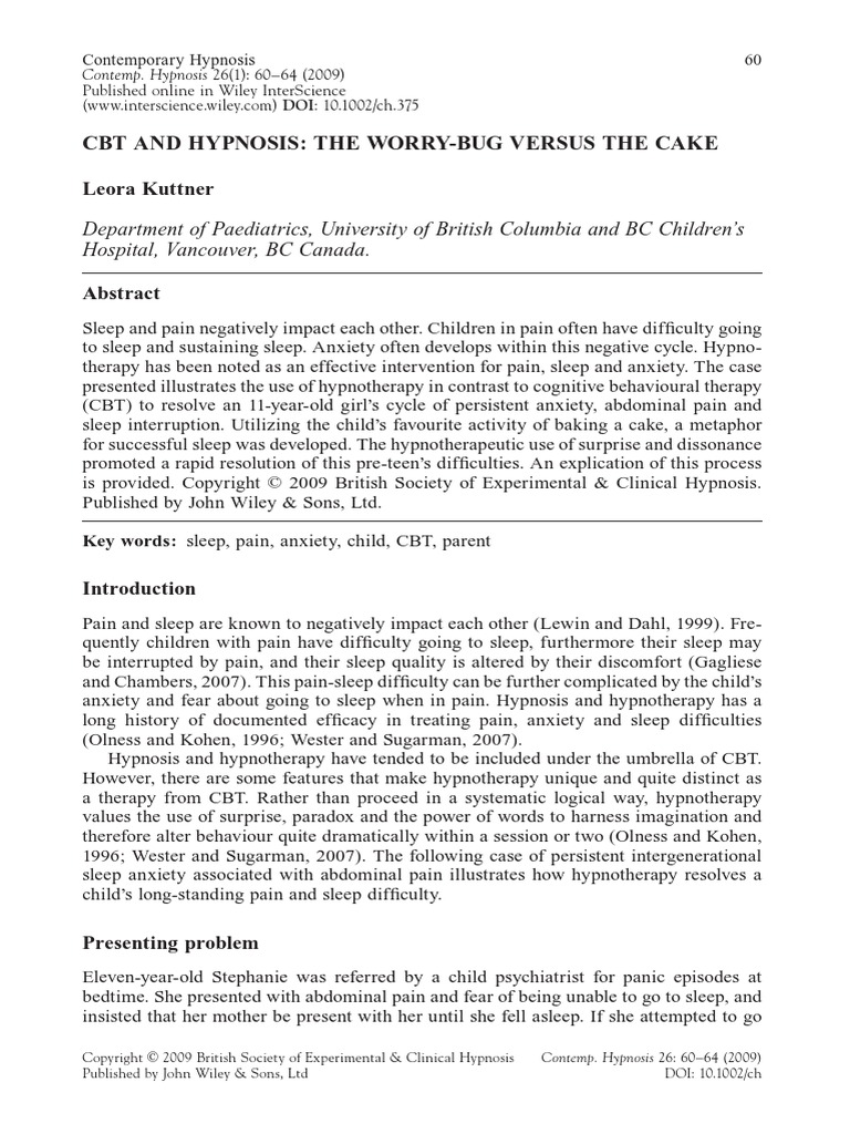 CBT and Hypnosis - The Worry-Bug Versus The Cake (Contemporary Hypnosis, Vol. 26, Issue 1) (2009 ...