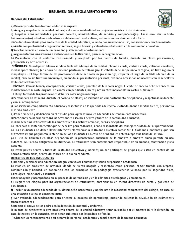 Resumen Del Reglamento Interno | PDF | Sicología | Maestros