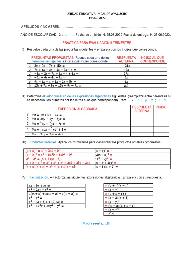 Practica II Trim Eva 3 | PDF | Matemáticas | Álgebra