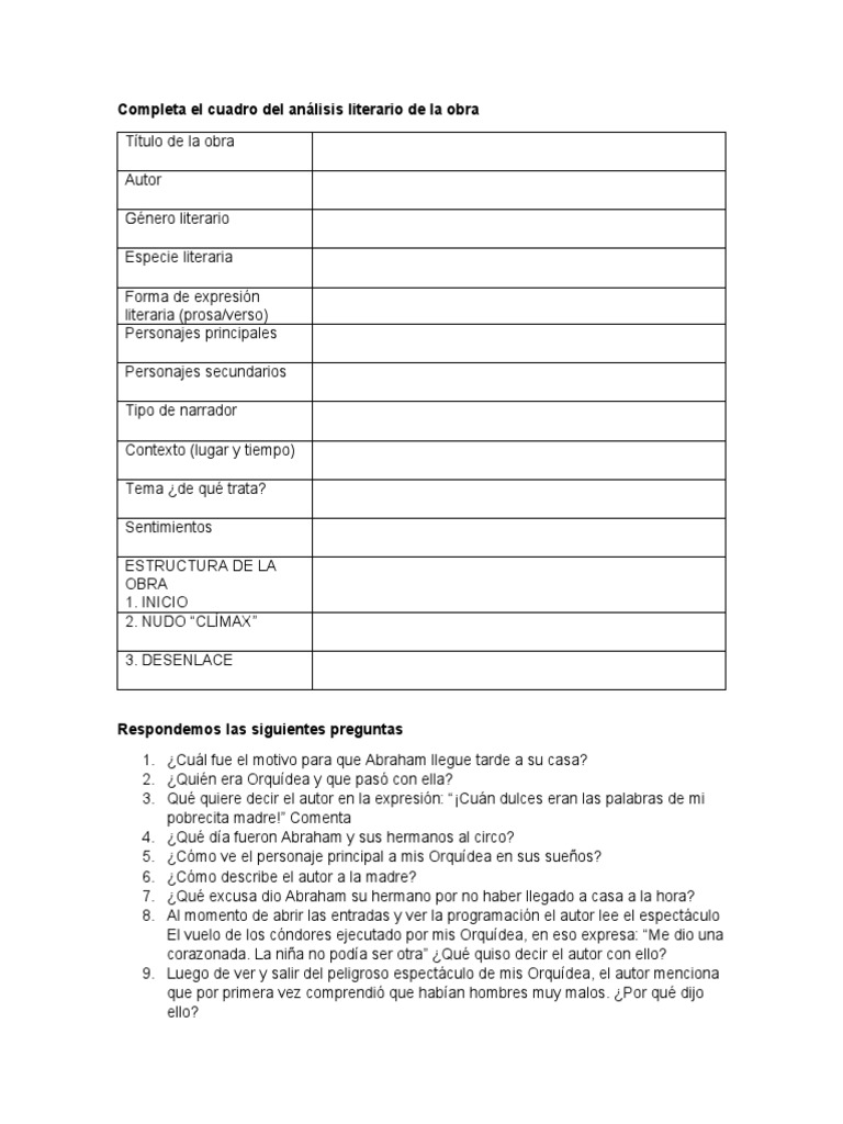 Completa El Cuadro Del Análisis Literario de La Obra II | PDF