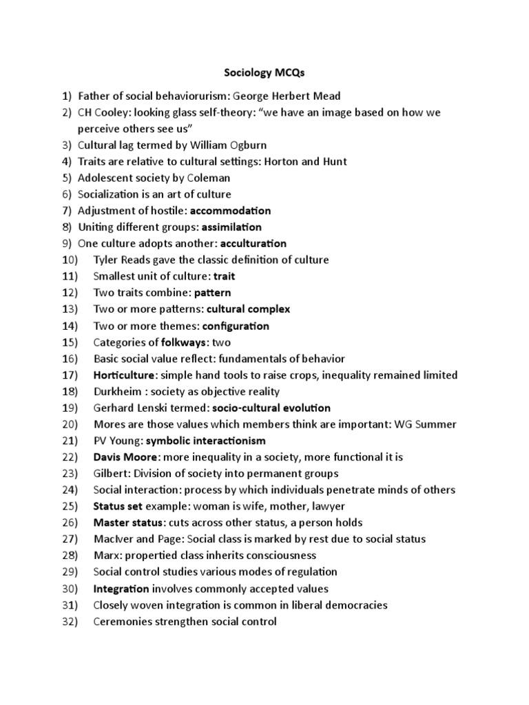 MCQs Sociology | PDF | Sociology | Émile Durkheim