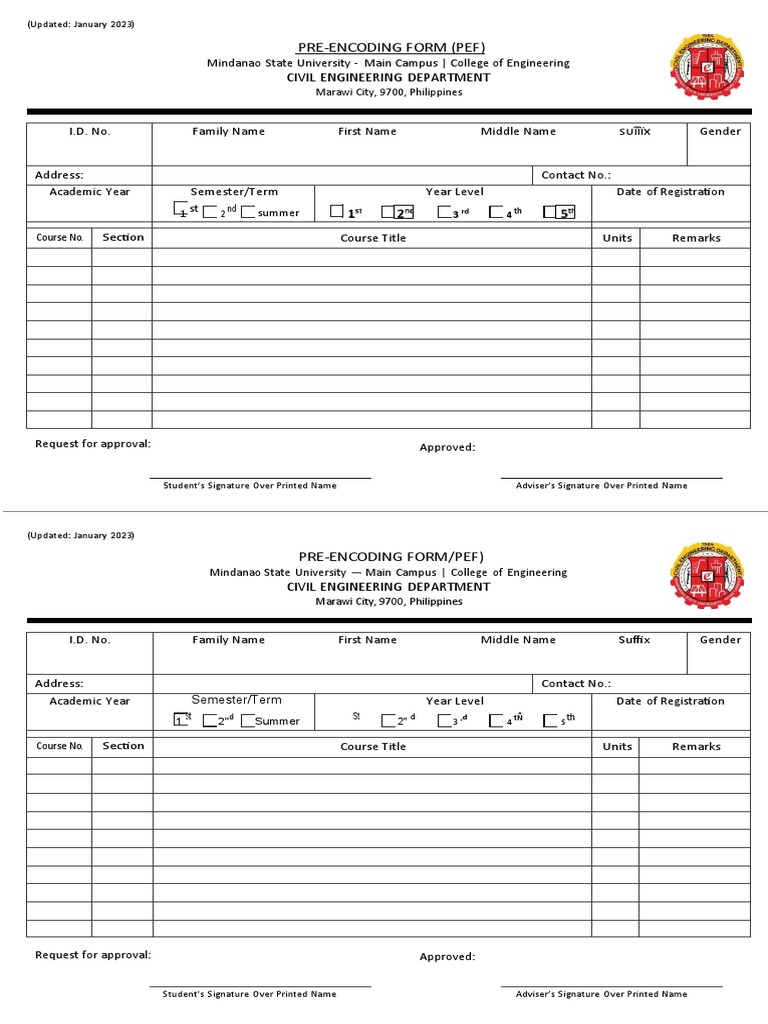 Civil Eng. Pre-Encode Form | PDF | Academia