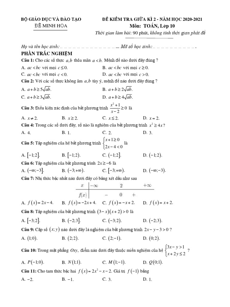 De Minh Hoa Kiem Tra Giua Ki 2 Mon Toan 10 | PDF