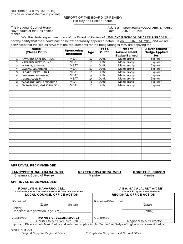 BSP 194 Advancement Form | PDF | Outdoor Recreation | Outdoor ...