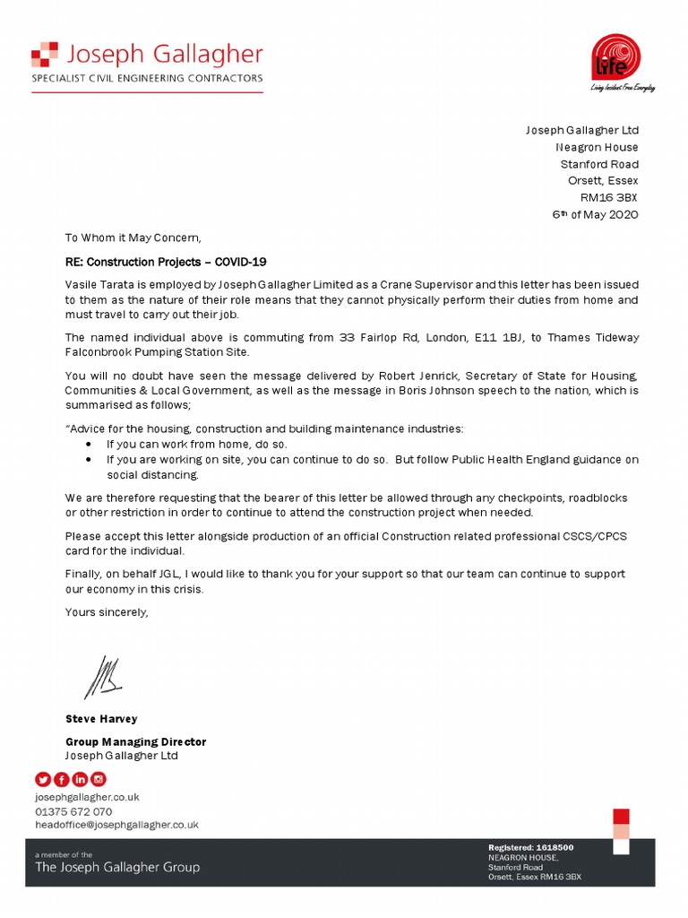 COVID-19 Construction Work Authorization Letter | PDF