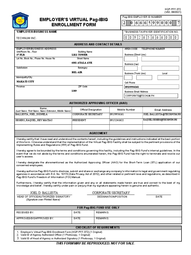 PFF372 EmployersVirtualPagIBIGEnrollmentForm V02 | PDF | Signature ...