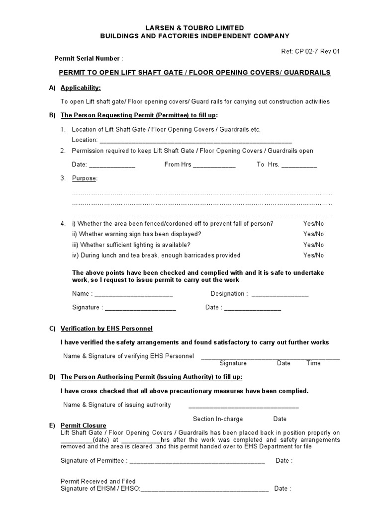 CP 02-7 Permit To Open Lift Shaft Gate Floor Opening Covers Guardrails ...