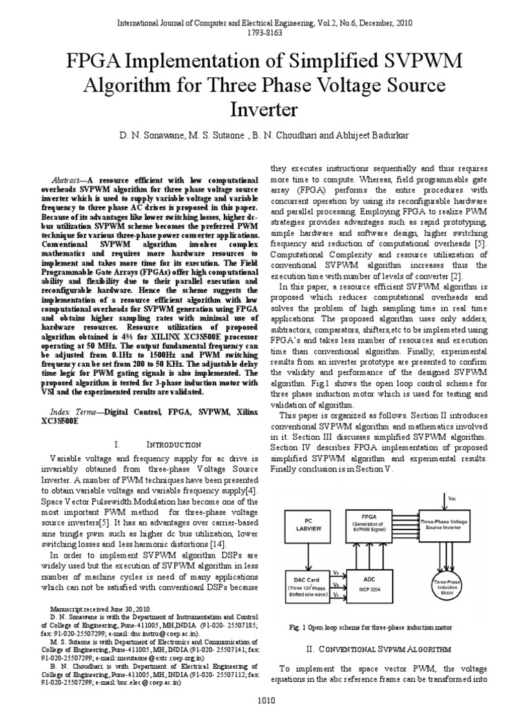 FPGA Implementation of a Simplified and Resource-Efficient SVPWM Algorithm for Three Phase ...