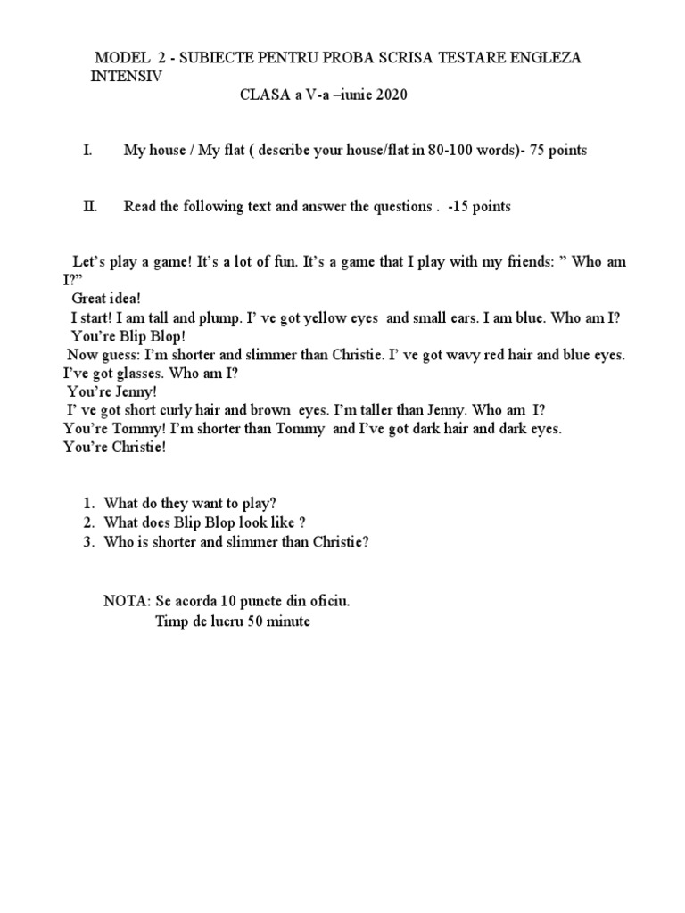 MODEL 2 - SUBIECTE TESTARE ENGLEZA INTENSIV CL A V-A 2020.docx Cu Antet ...