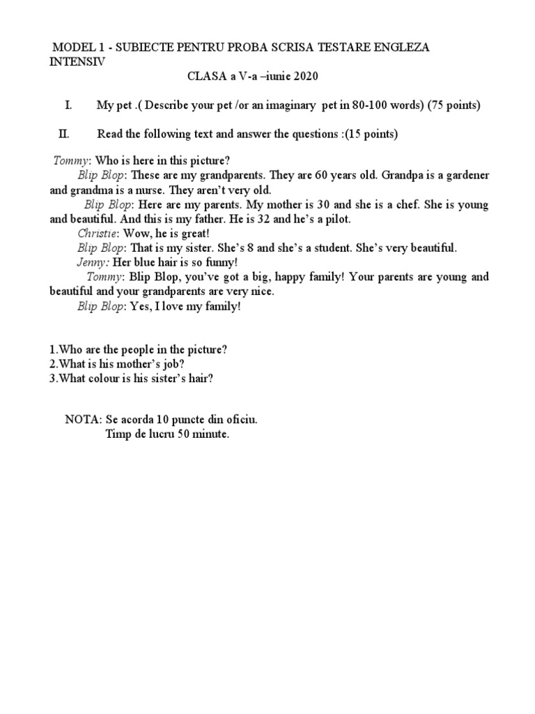 MODEL 1 - SUBIECTE ENGLEZA INTENSIV CL A V-A INTENSIV IUNIE 2020.docx Cu Antet | PDF