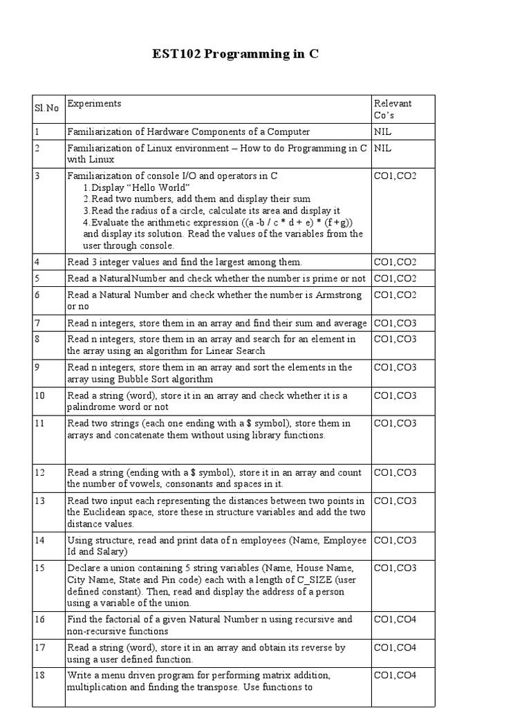 EST102 Programming in C - Experiments and Co's | PDF