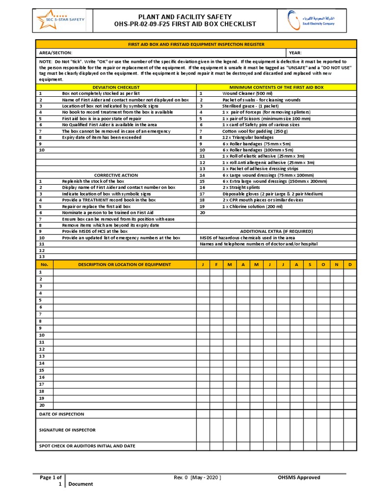 09-F25 First Aid Box Checklist | PDF | First Aid | Safety