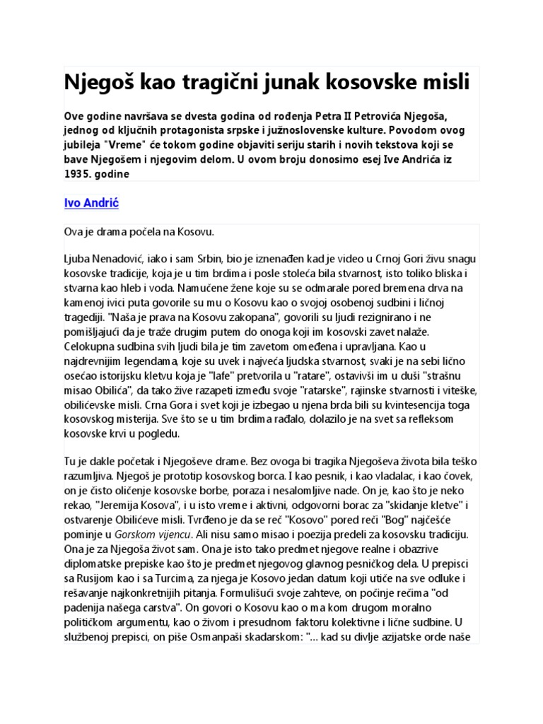 Njegoš Kao Tragični Junak Kosovske Misli | PDF