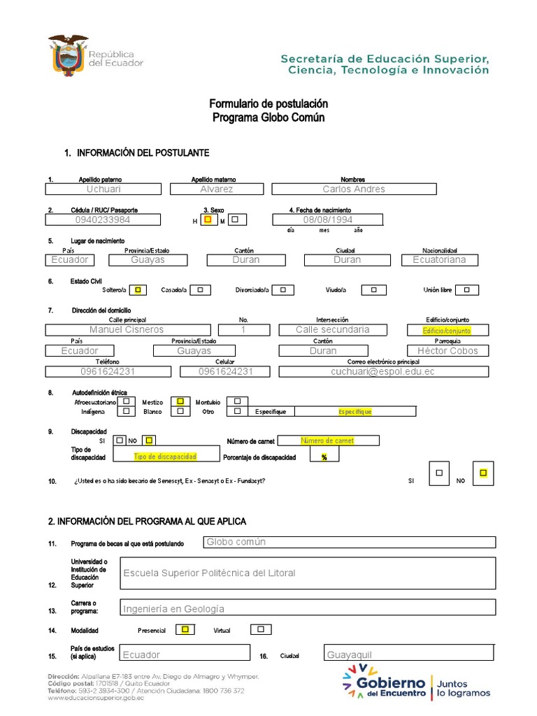 Formulario de Postulación a Becas | PDF | Ecuador