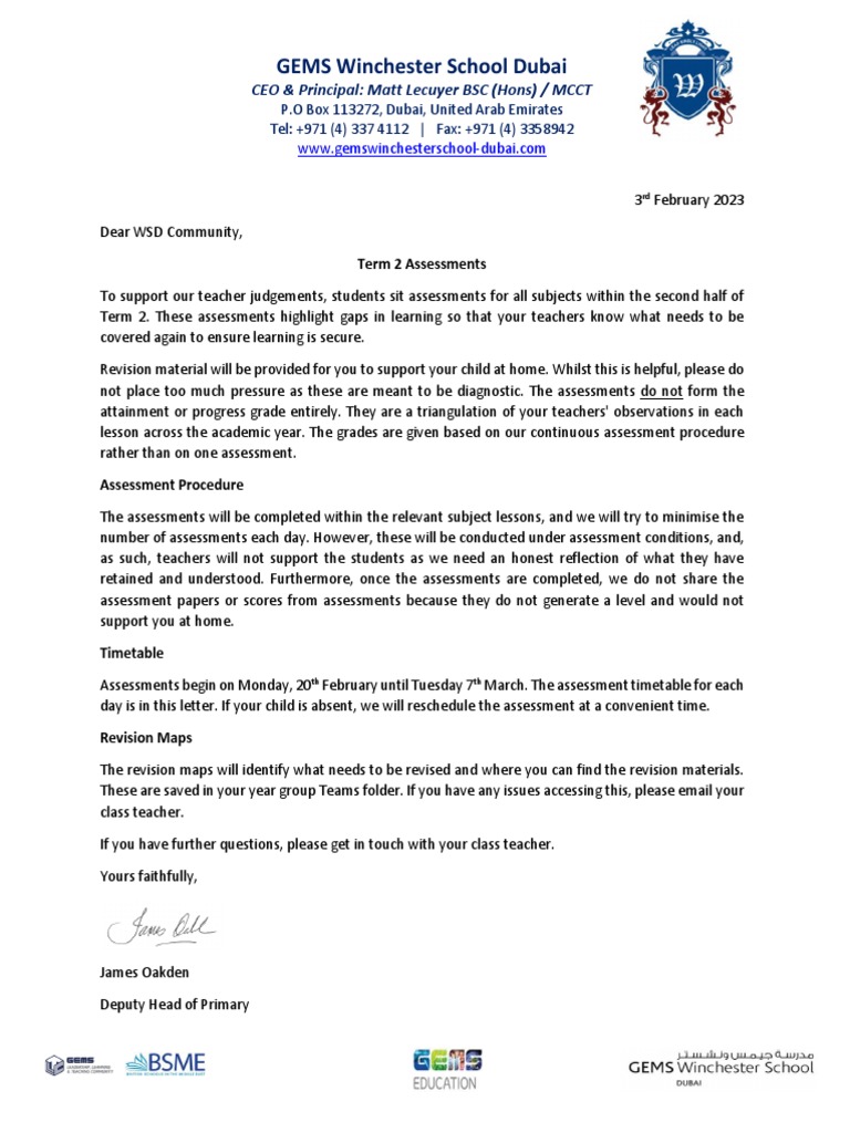 TERM 2 Assessment Letter For Parents | PDF | Learning