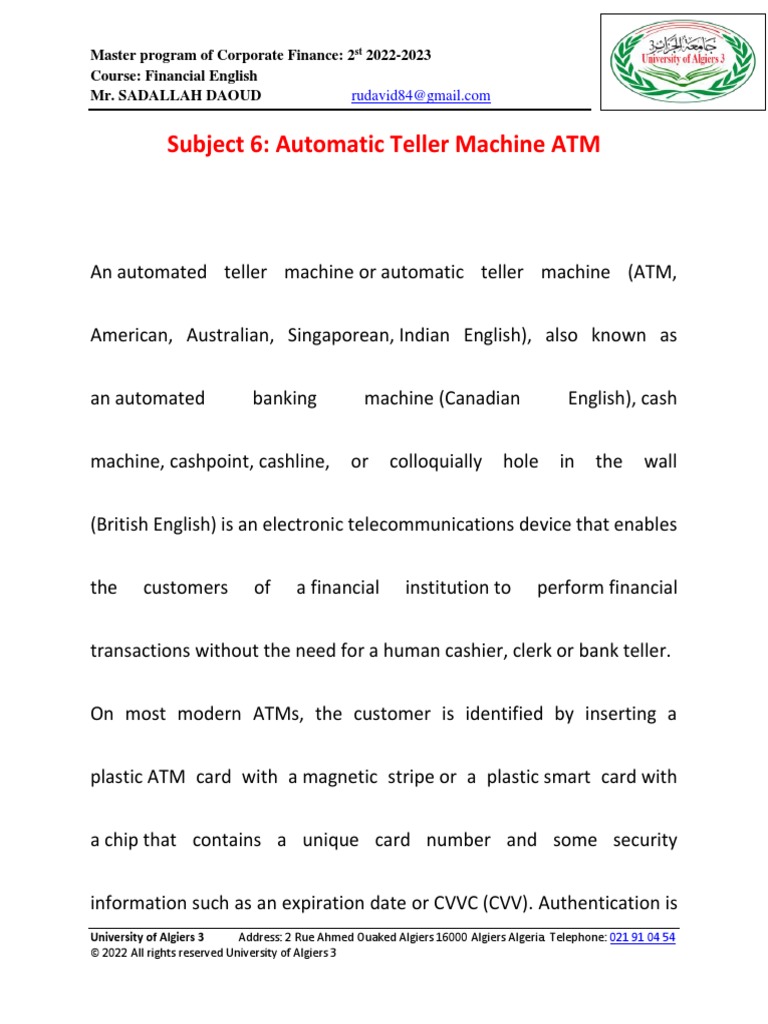 Automatic Teller Machine ATM | PDF | Automated Teller Machine | Service Industries